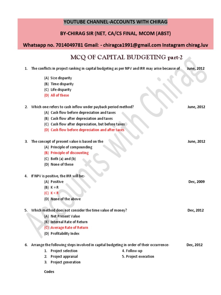 MCQ of Capital Budgeting Part 2 | PDF | Capital Budgeting | Internal ...