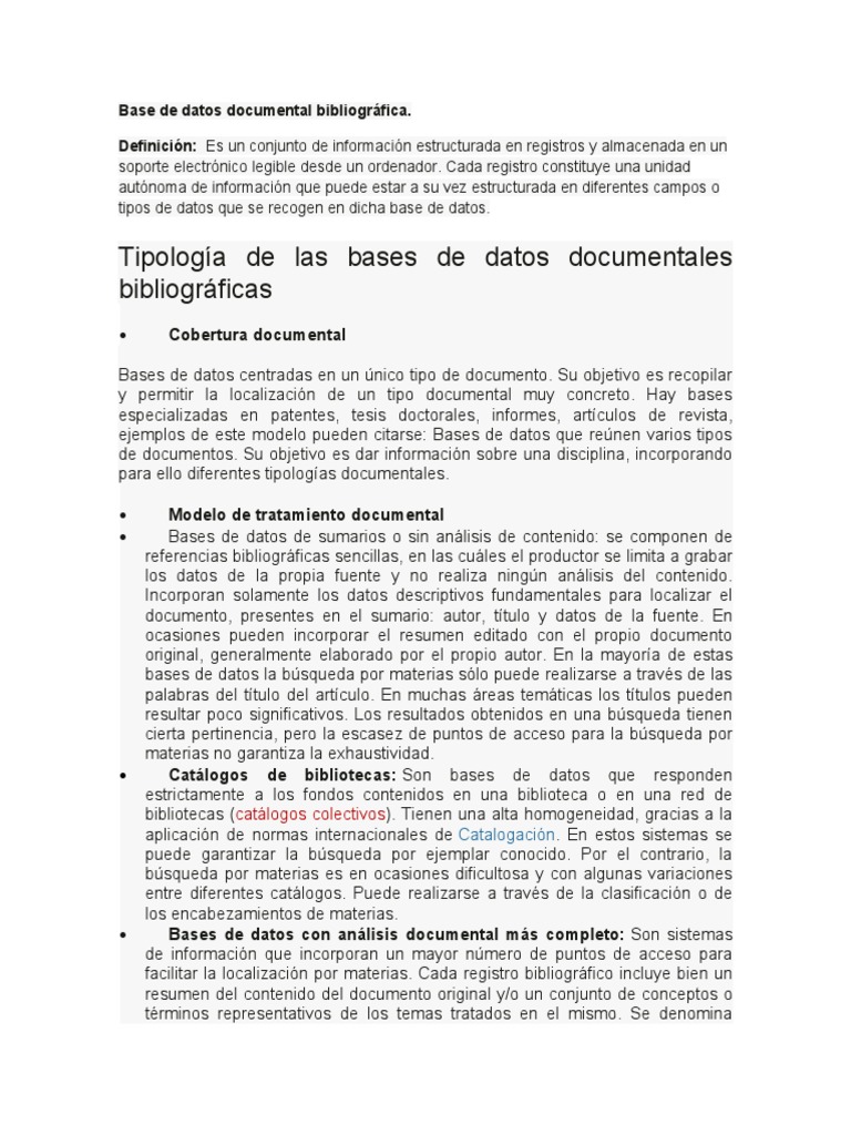 Base De Datos Documental Bibliográfica Pdf Documento Bases De Datos 8082