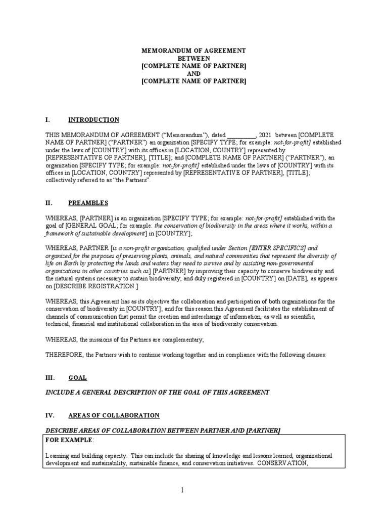 Memorandum of Agreement Between (Complete Name of Partner) AND ...