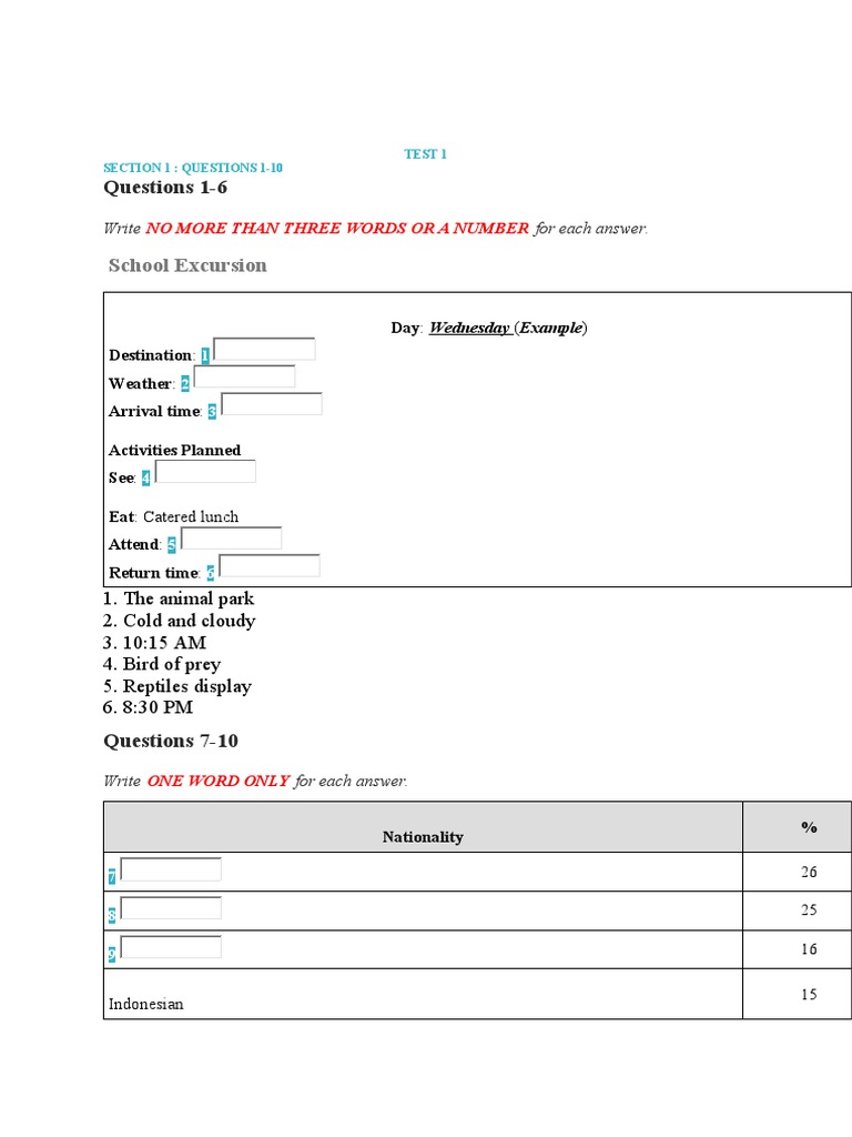 Questions 1-6: School Excursion | PDF