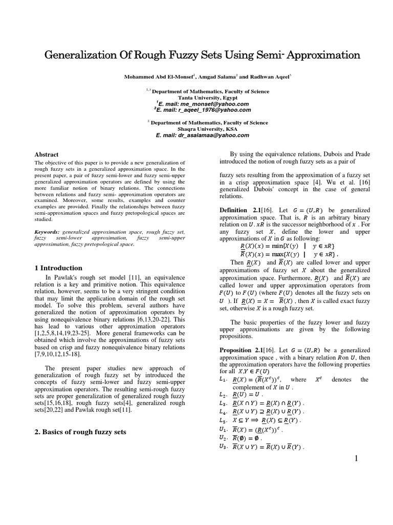 On Generalization of Rough Fuzzy Sets Using Semi - Approximation | PDF | Theorem | Set (Mathematics)