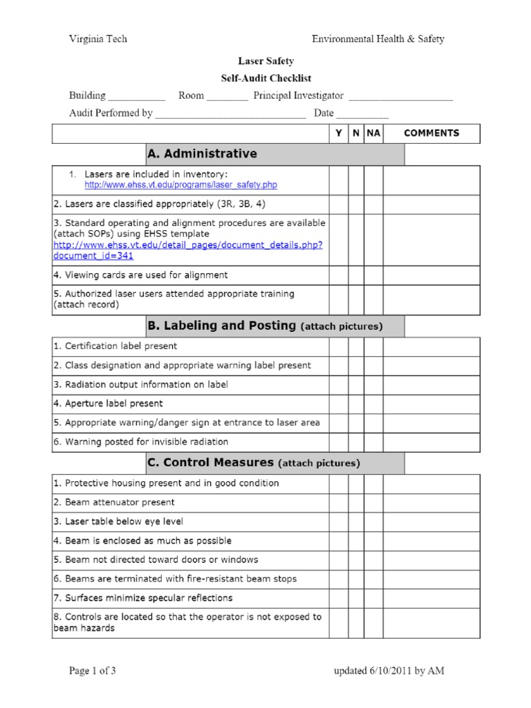 2011 Laser Safety Self-Audit Checklist | PDF