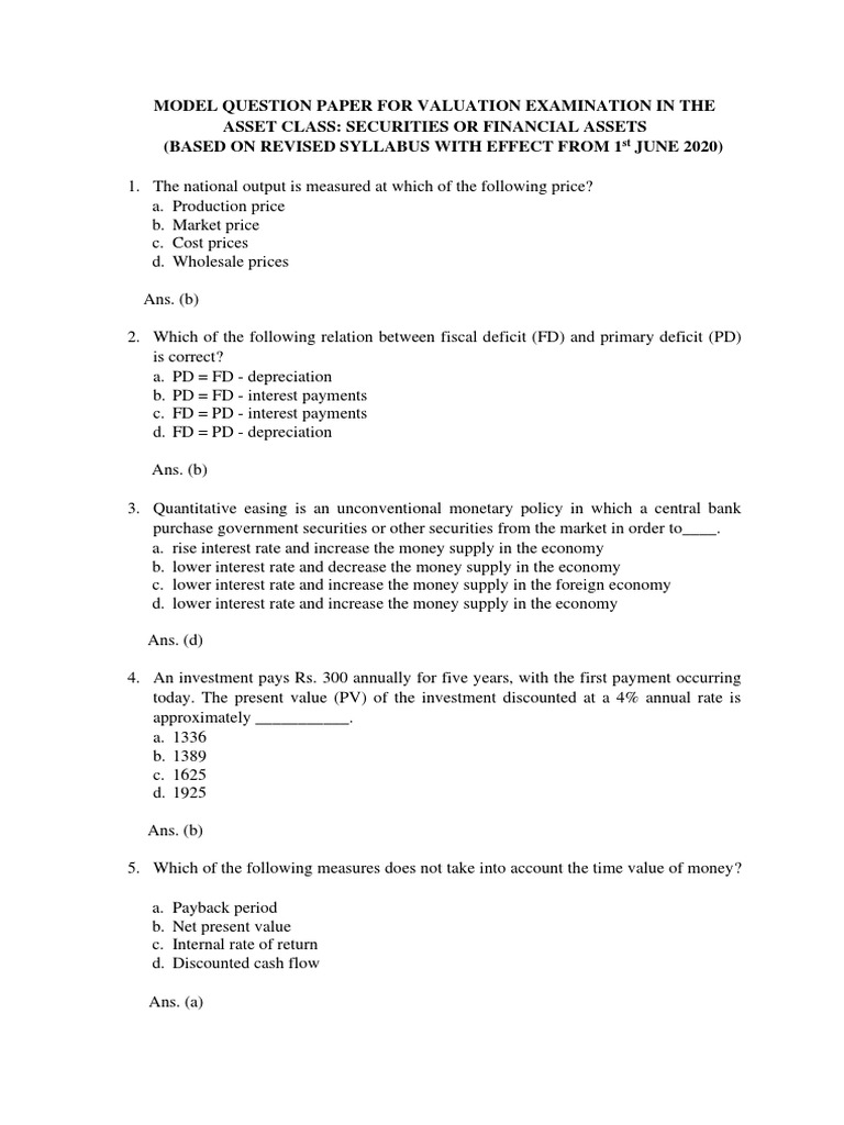Securities or Financial Assets Sample Paper | PDF | Valuation (Finance ...