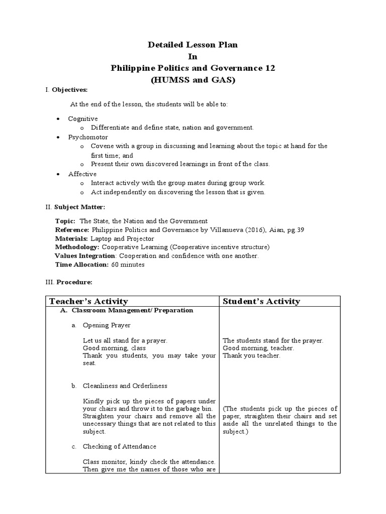 Lesson Plan: Philippine Politics & Governance | PDF | Nation | Sovereignty