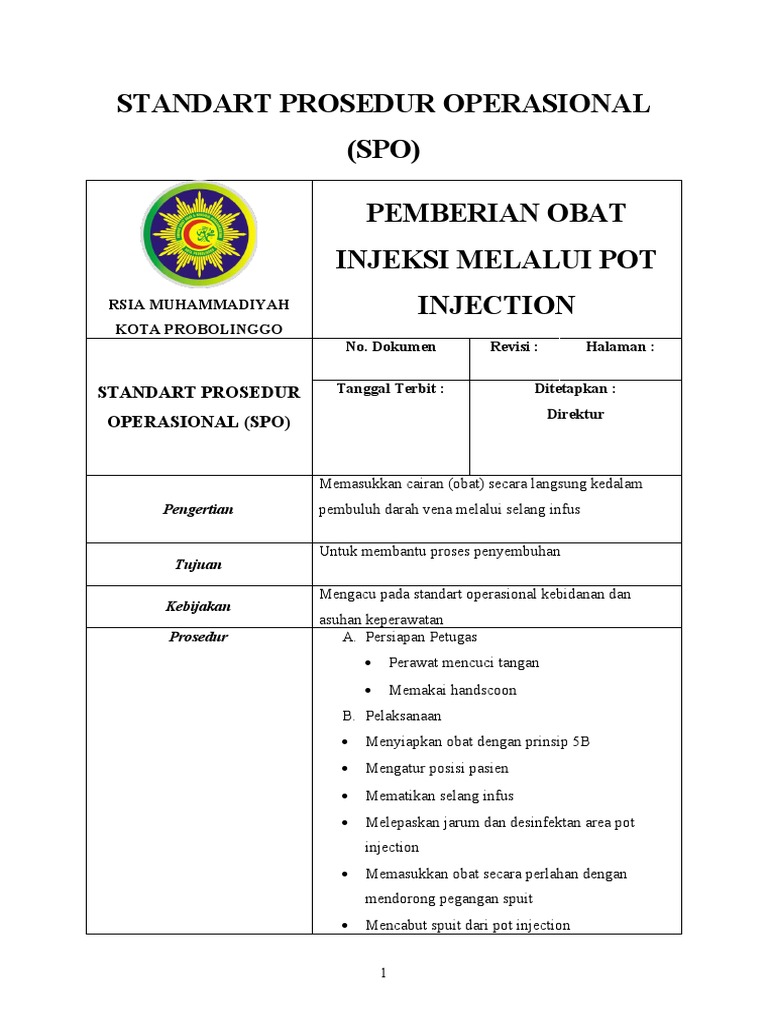 Standart Prosedur Operasional (SPO) Pemberian Obat Injeksi Melalui Pot ...