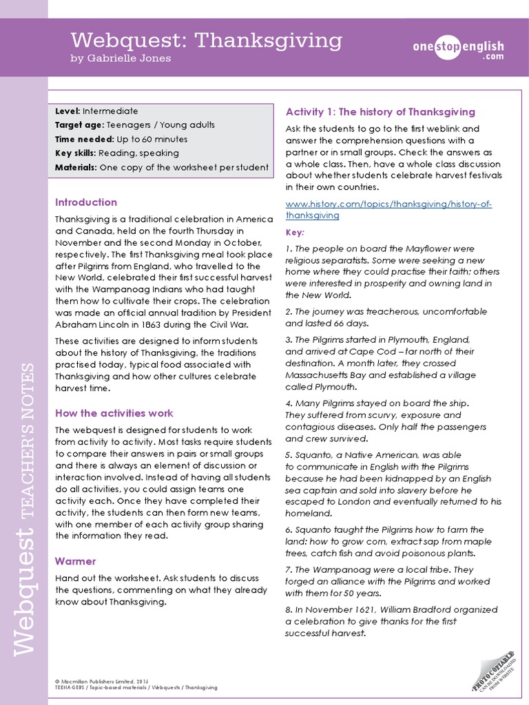 Thanksgiving Webquest Teachers Notes | PDF | Thanksgiving Dinner ...