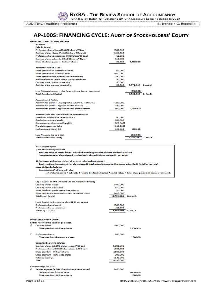 AP-100S: Audit of Stockholders' Equity | PDF | Certified Public ...