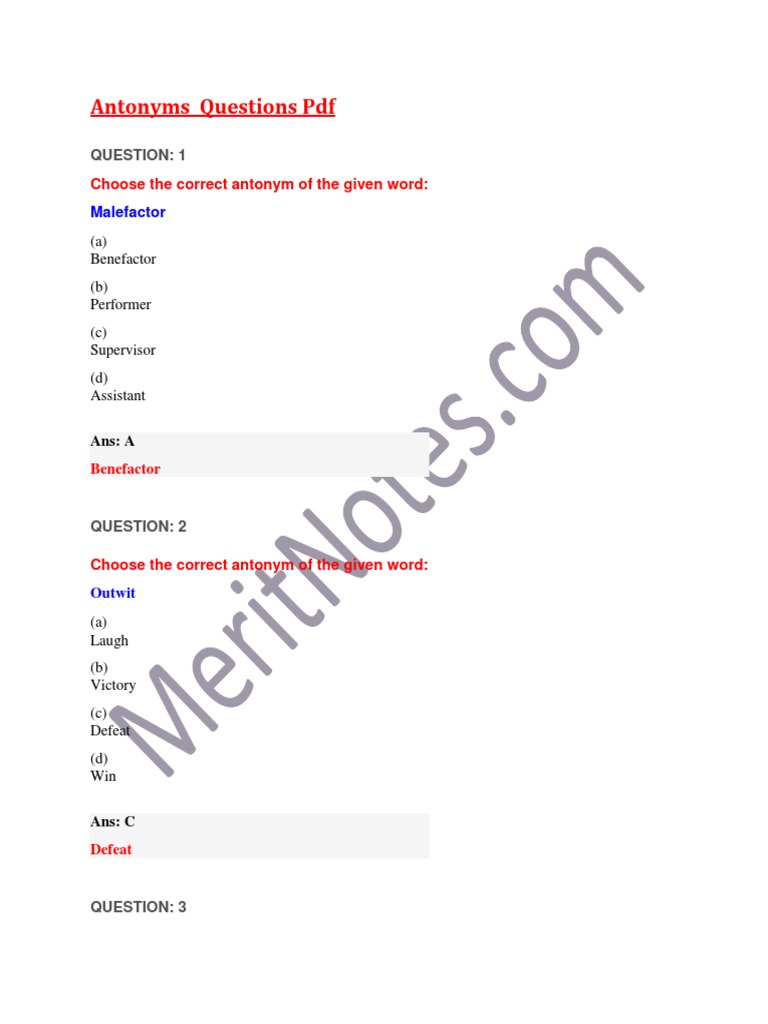 Antonyms Questions PDF: Choose The Correct Antonym of The Given Word ...