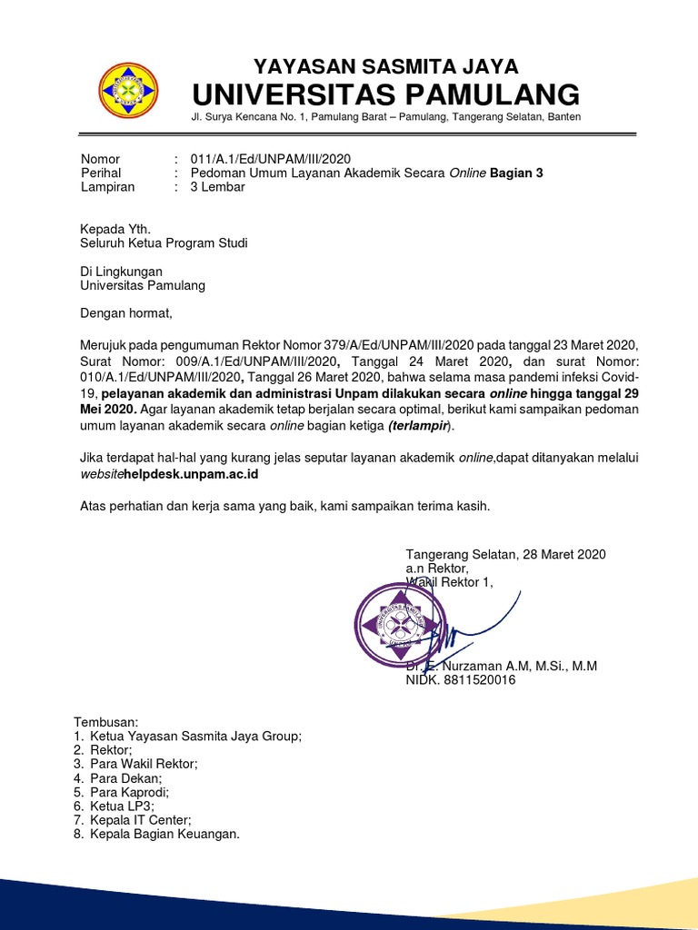 Bagian 3 Surat Pedoman Umum Layanan Online Unpam | PDF