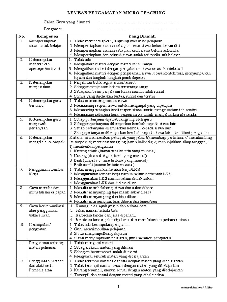 Contoh Lembar Pengamatan Micro Teaching | PDF