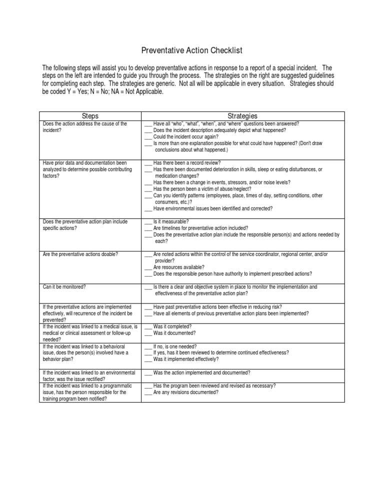 Preventative Action Checklist | PDF | Psychological Concepts ...