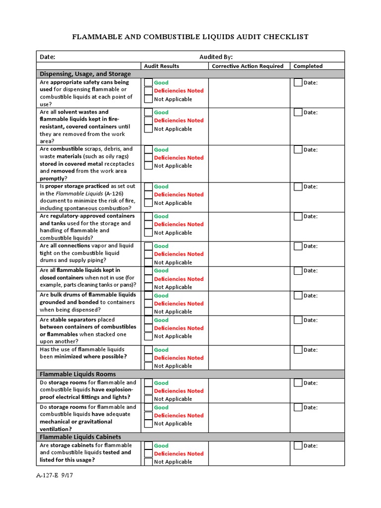 Flammable and Combustible Liquids Audit Checklist: Dispensing, Usage ...