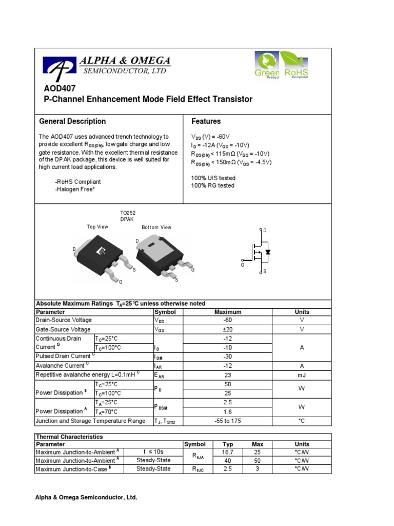 AOD407 P-Channel Enhancement Mode Field Effect Transistor: Features ...