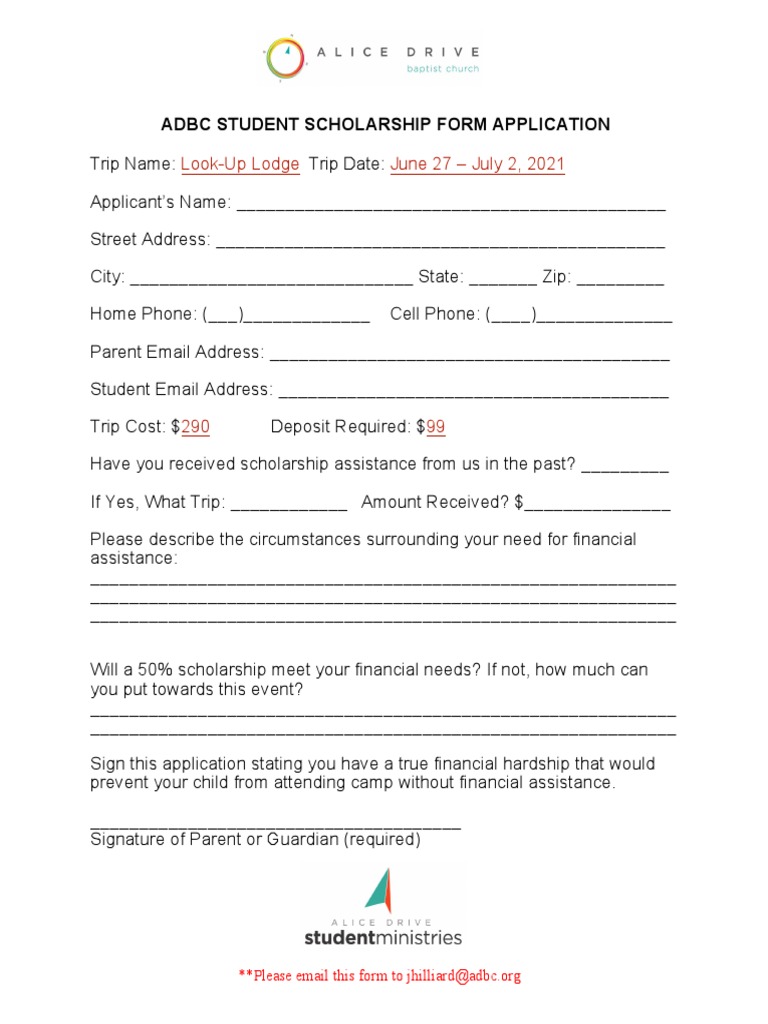 Summer Camp Scholarship Application 2021 Pdf