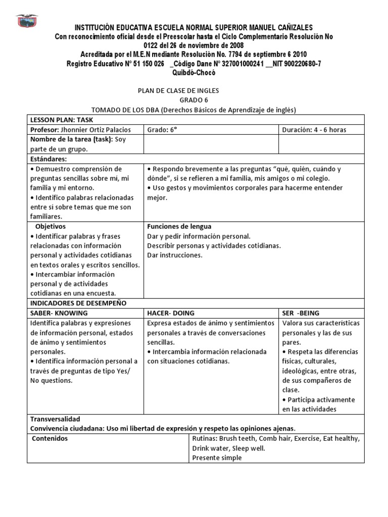Plan de Clase de Inglés para Primaria | PDF | Educación de la primera ...