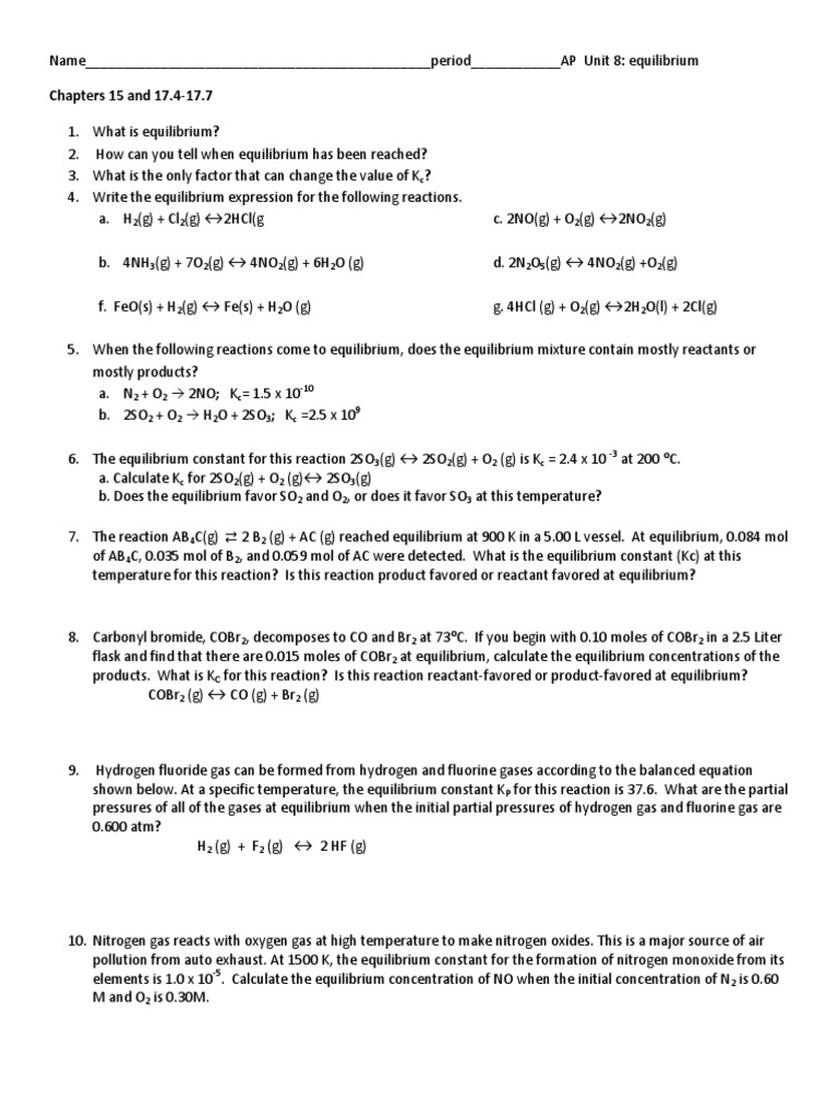 Ap Equilibrium Worksheet | PDF | Chemical Equilibrium | Solubility
