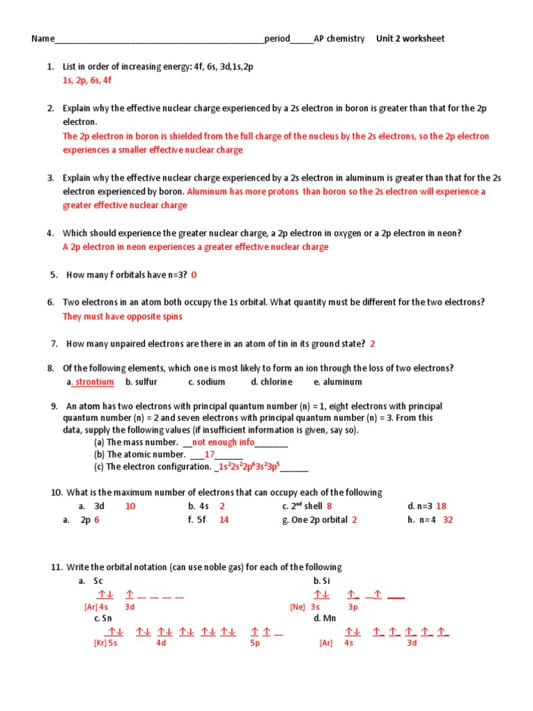 Ap Unit2 Worksheet Answers | PDF | Ion | Electron Configuration