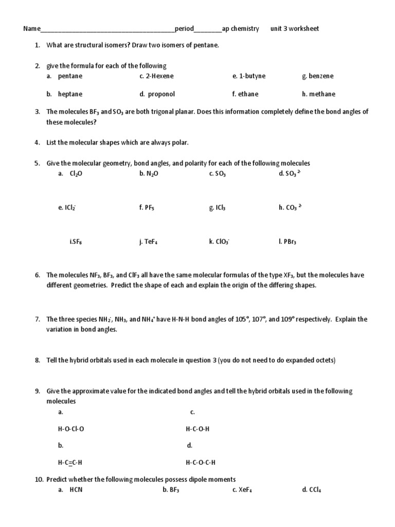 Ap Unit3 Worksheet | PDF | Intermolecular Force | Chemical Bond