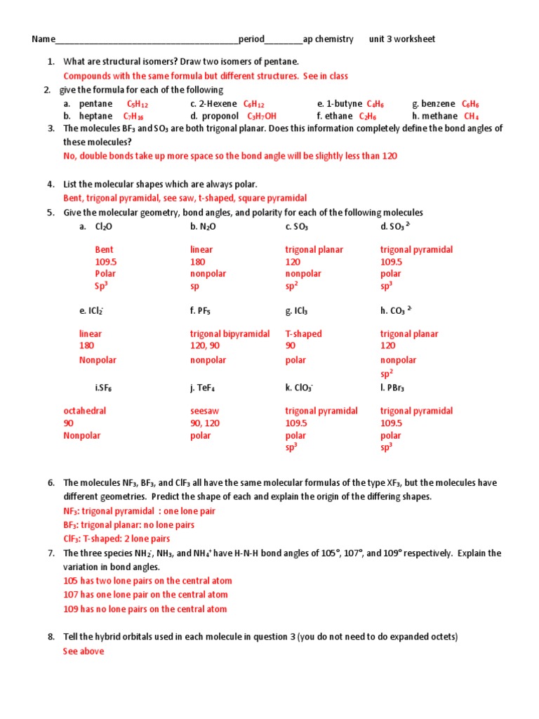 Ap Unit3 Worksheet Answers | PDF | Chemical Bond | Intermolecular Force