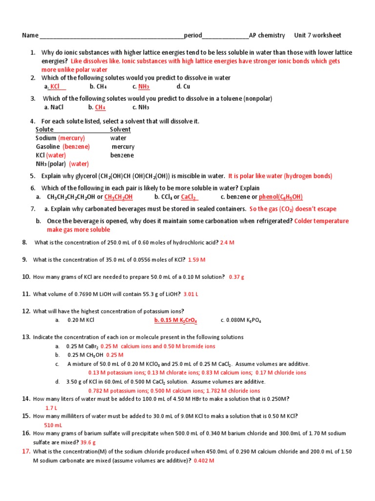 Ap Unit7 Worksheet Answers | PDF | Solubility | Solution