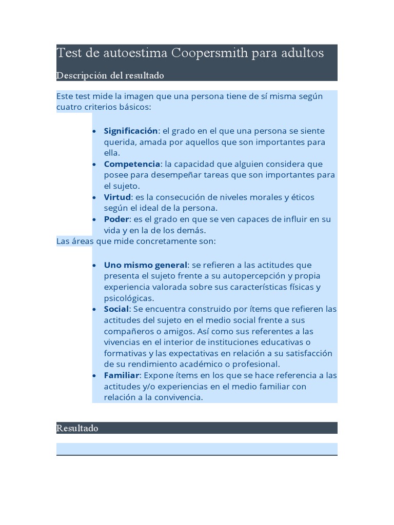 Test de Autoestima Coopersmith para Adultos | PDF
