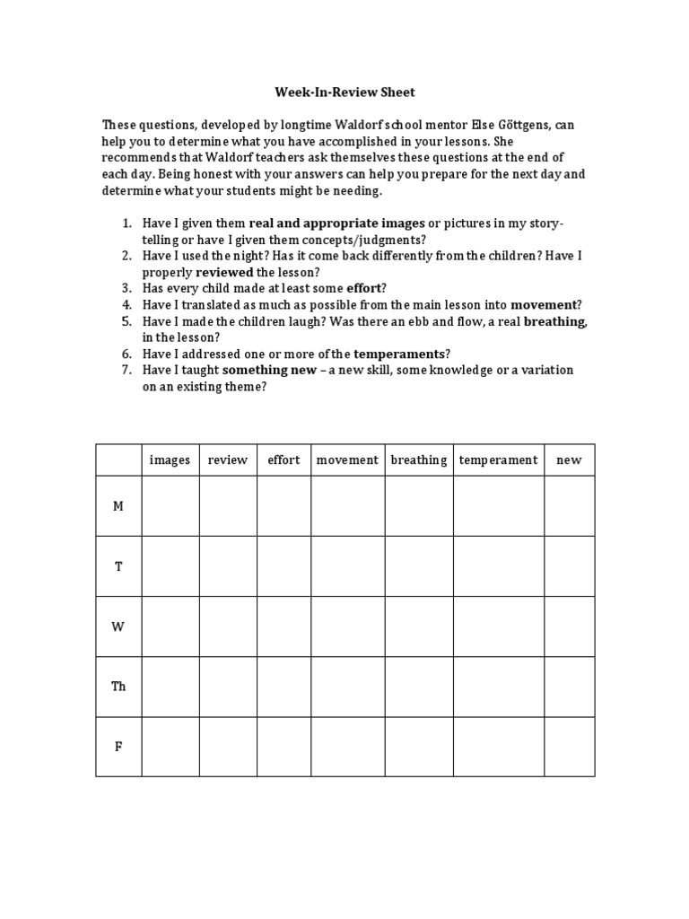 Week in Review Sheet | PDF