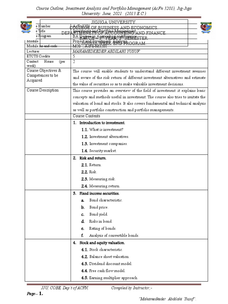 JJU Investment Analysis and Portfolio Management Course Outline | PDF ...