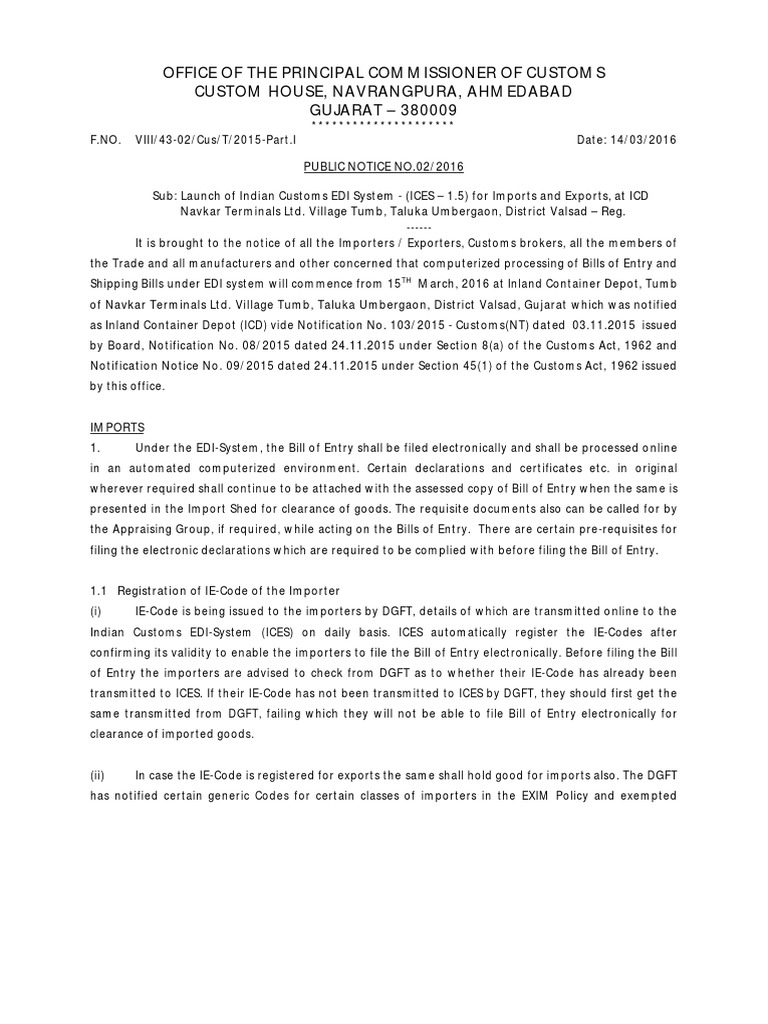 Customs EDI System Launch Notice | PDF | Debits And Credits | Customs