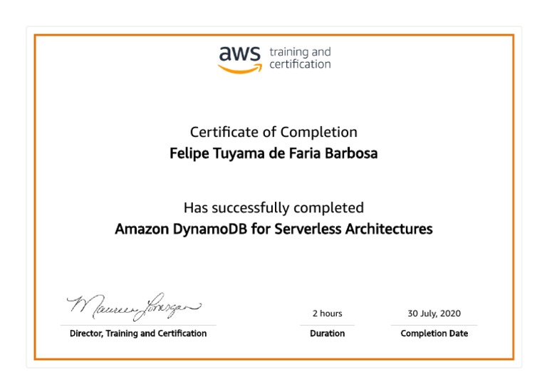 AWS Training & Certification - Certificate of Completion - Amazon DynamoDB For Serverless ...