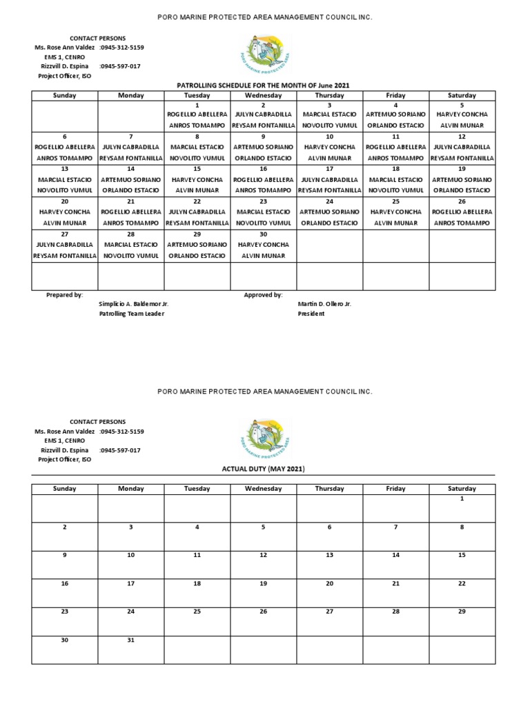Patrolling Schedule For The Month of June 2021 Sunday Monday Tuesday ...