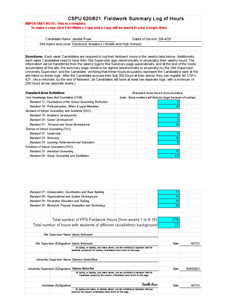 Cspu 620 Fieldwork Hours Log - Summary Sheet | PDF | School Counselor ...