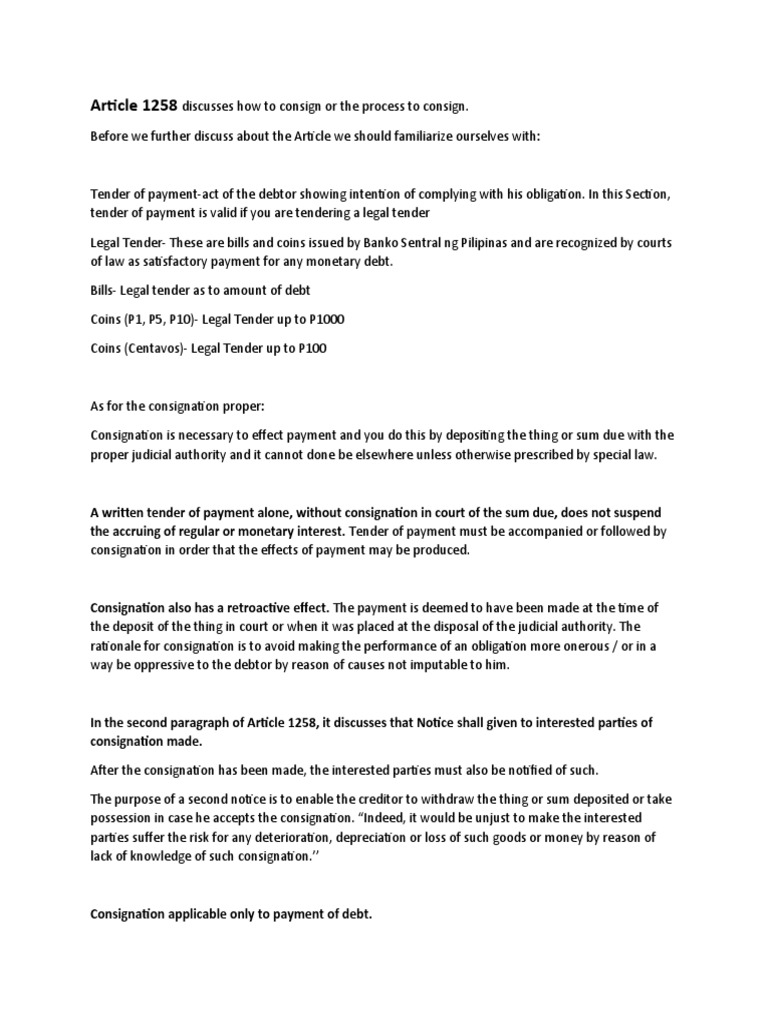 Article 1258 Discusses How To Consign or The Process To Consign | PDF ...