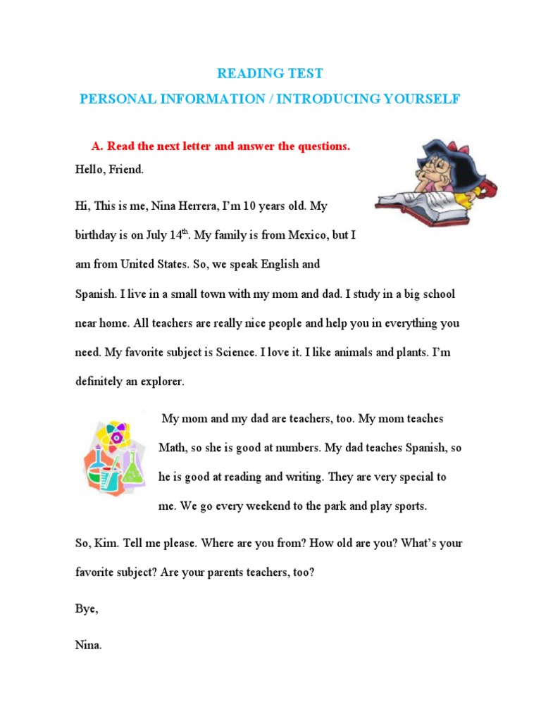 Reading Test Personal Information / Introducing Yourself: A. Read The ...