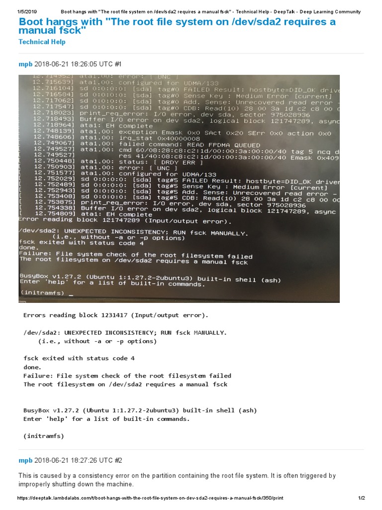 Boot Hangs With The Root File System On Dev Sda2 Requires A Manual Fsck Technical Help 9046