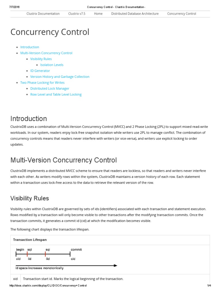 Concurrency Control - Clustrix Documentation | Download Free PDF | Database Transaction ...