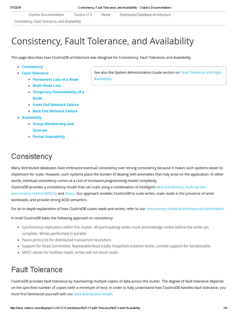 Consistency Fault Tolerance And Availability Clustrix Documentation Pdf Fault Tolerance