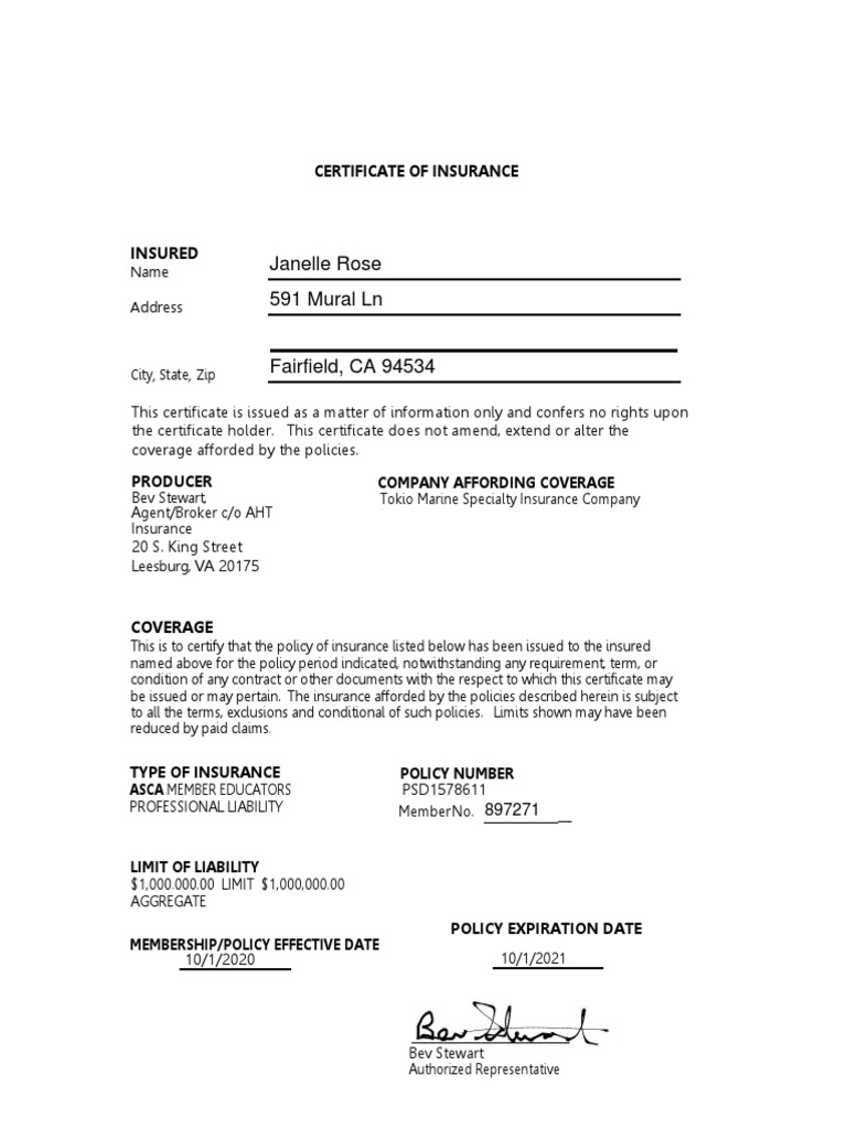 Asca Ins Certificate | PDF