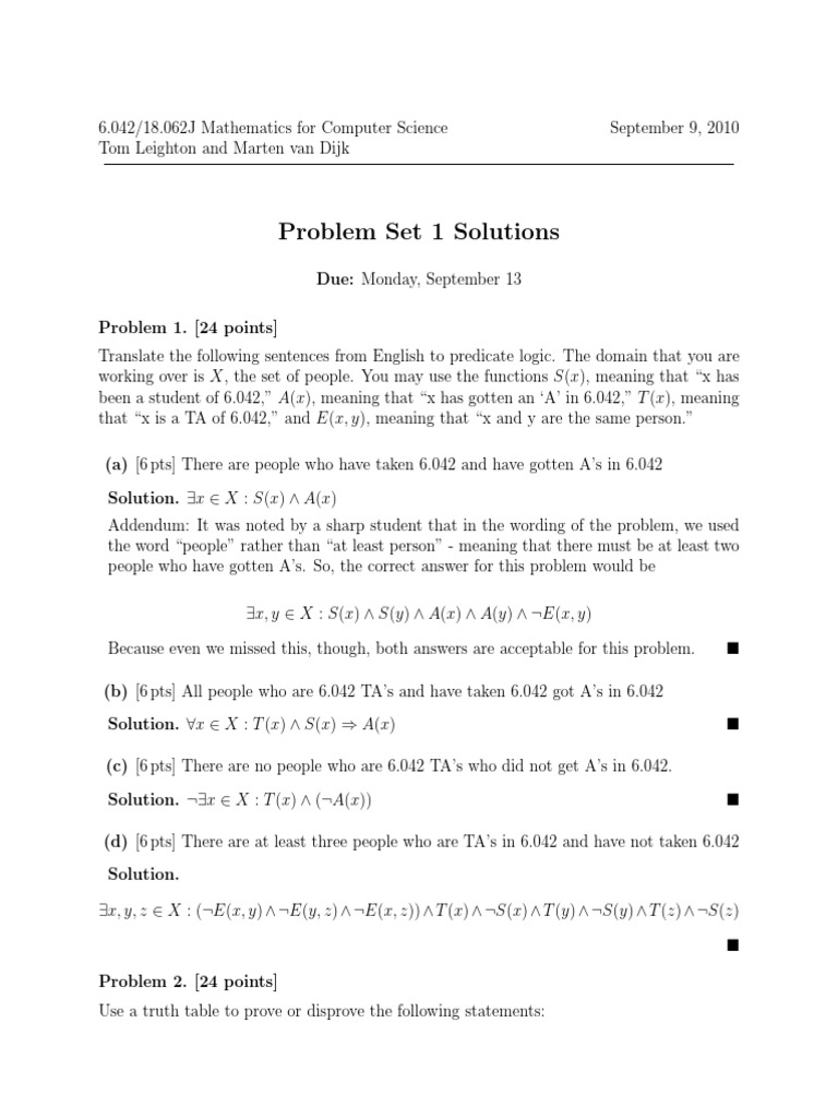 Problem Set 1 Solutions | PDF | Logical Expressions | Teaching Mathematics