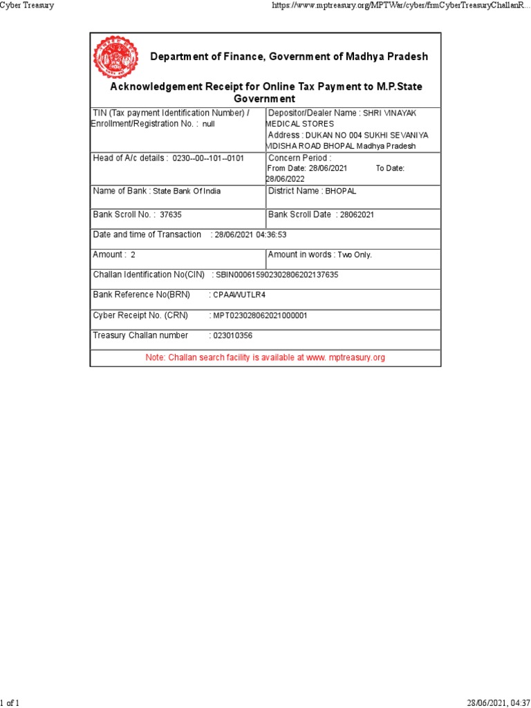 MP Online Tax Payment Acknowledgement | PDF