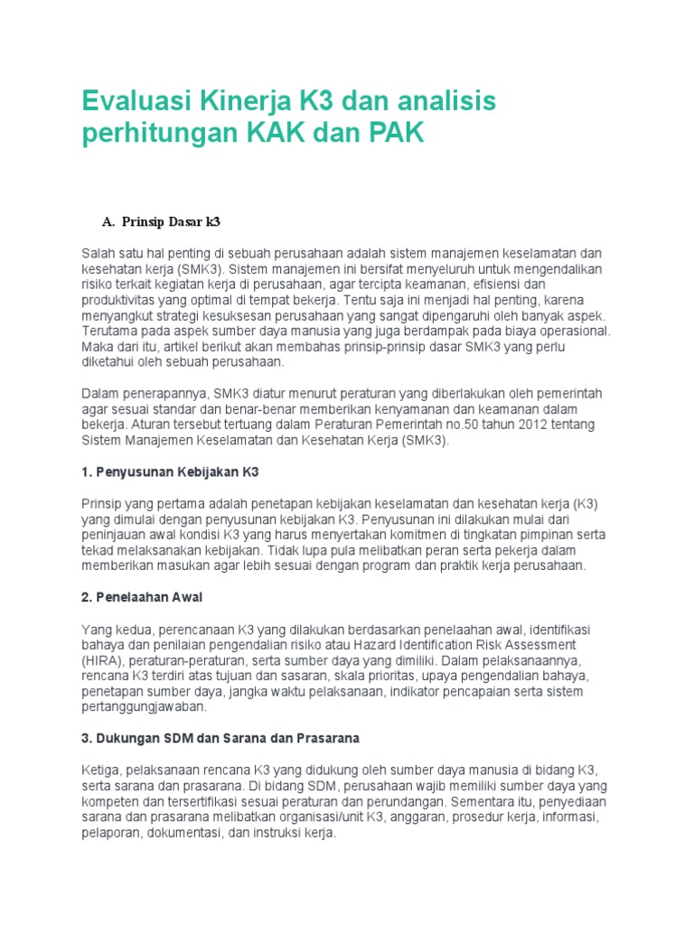 Evaluasi Kinerja K3 Dan Analisis Perhitungan KAK Dan PAK | PDF