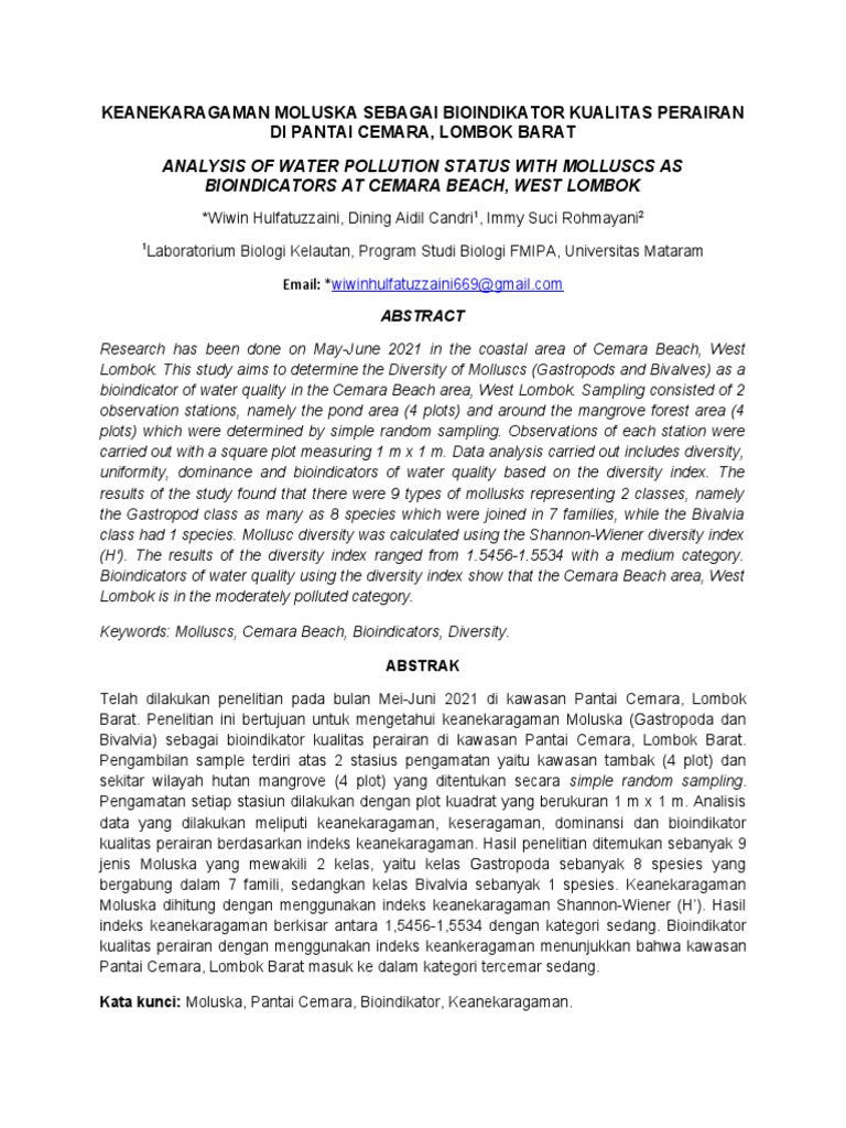 Keanekaragaman Moluska Sebagai Bioindikator Kualitas Perairan Di Pantai Cemara | PDF | Water ...