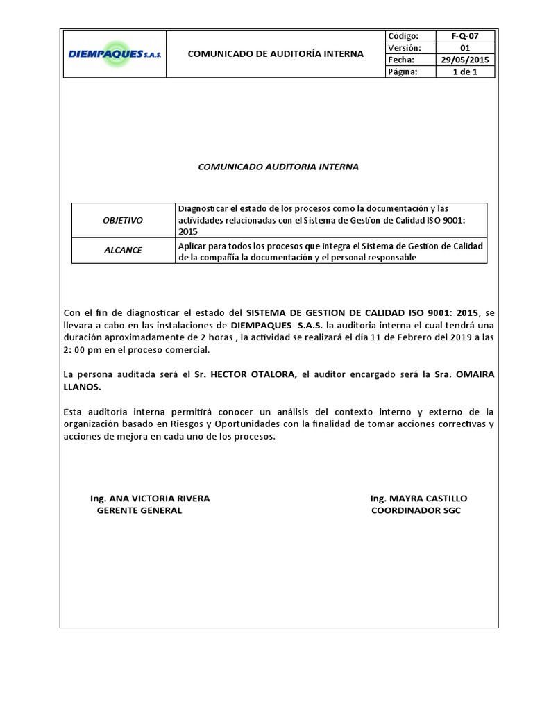 F-Q-07 V1 Comunicado de Auditoría Interna ... | PDF