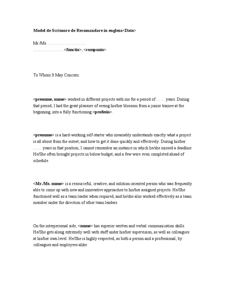 Model de Scrisoare de Recomandare in Engleza | PDF