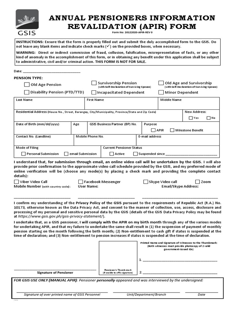 Annual Pensioners Information Revalidation (APIR) Form: Pension Type | PDF | Information Privacy ...