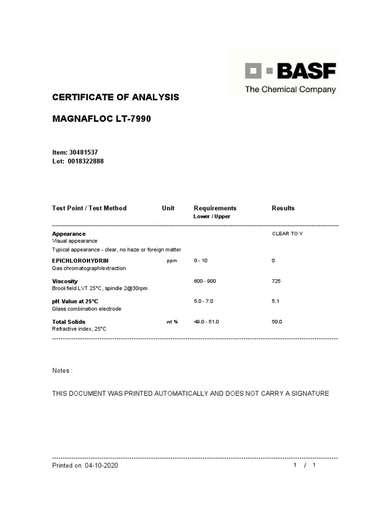 Magnafloc LT-7990 Certificate Analysis | PDF
