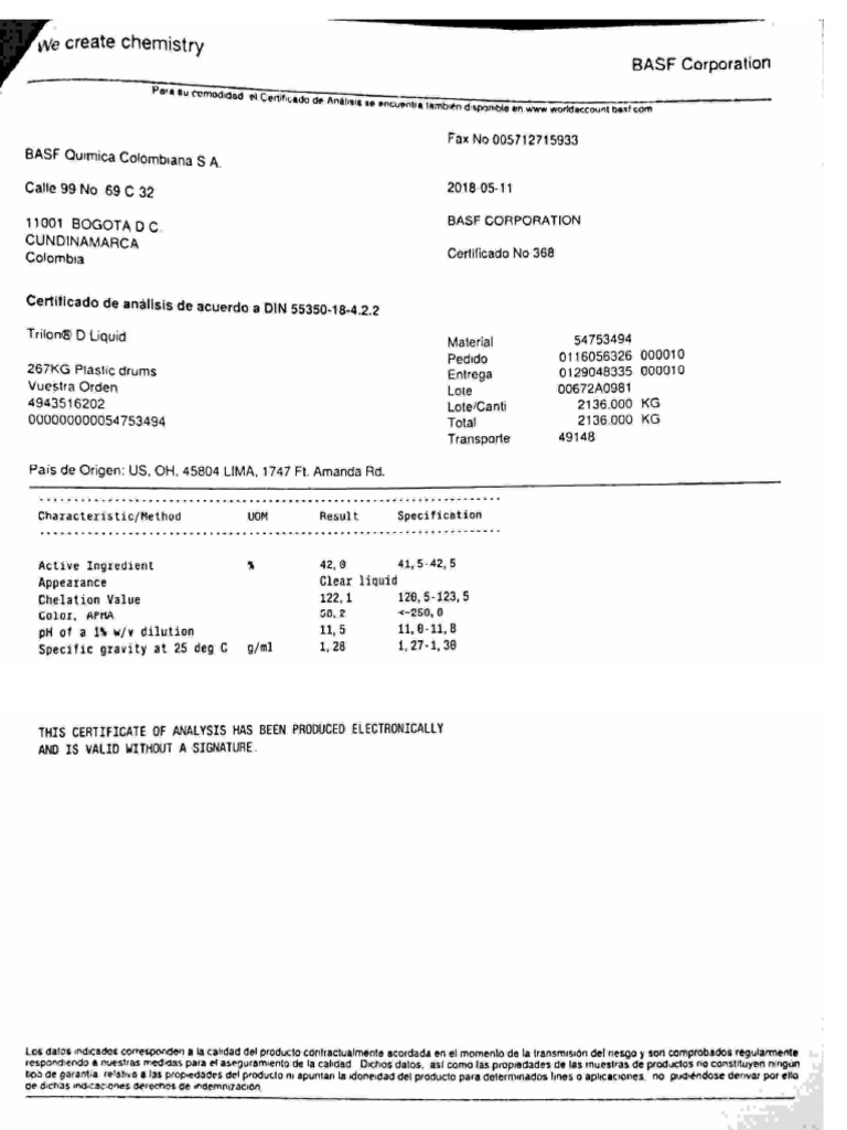 COA Trilon D Liquido | PDF