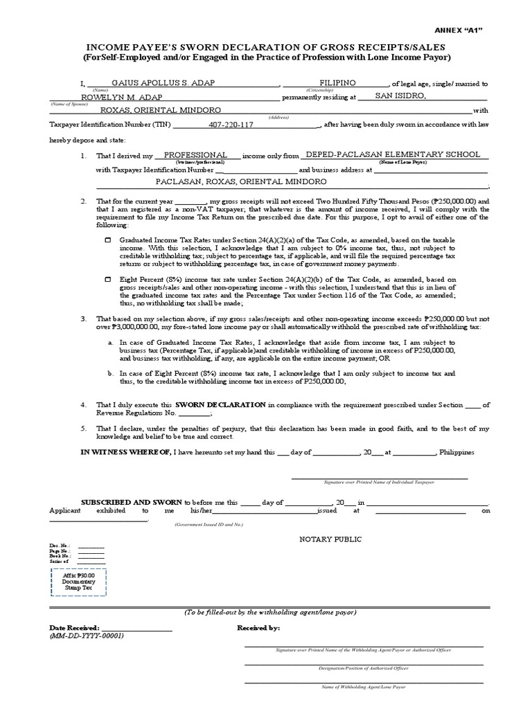 Annex A1 Sworn Declaration | PDF | Income Tax | Withholding Tax