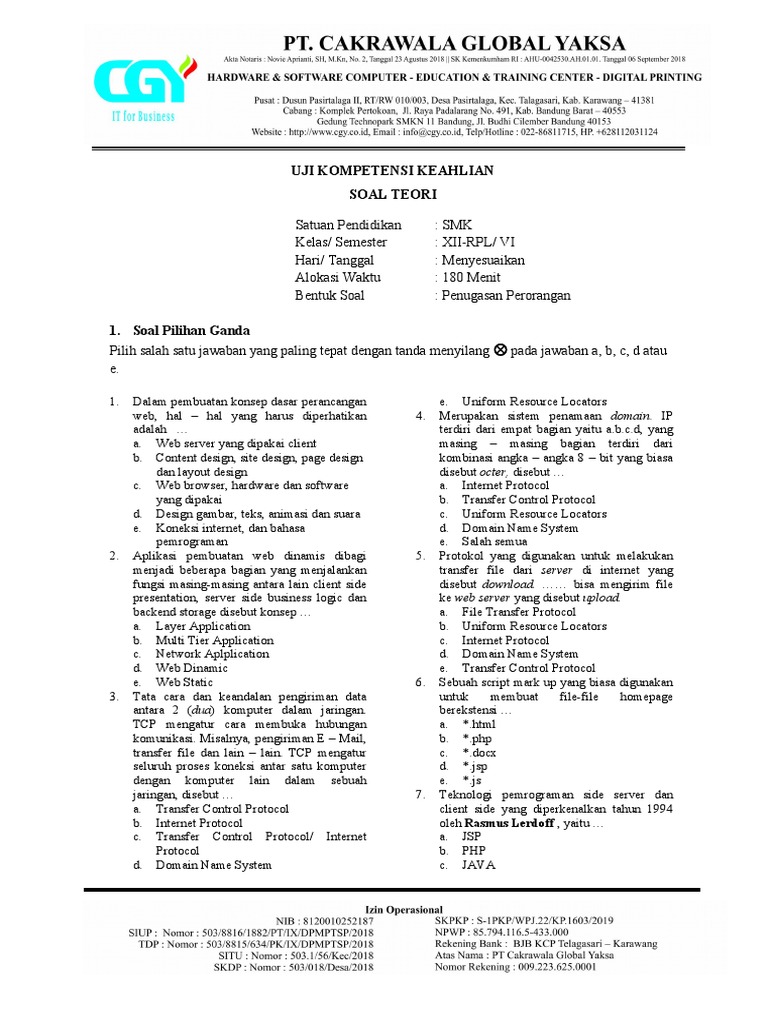 Soal Teori - Ukk - RPL SMK - 2021-Ok | PDF