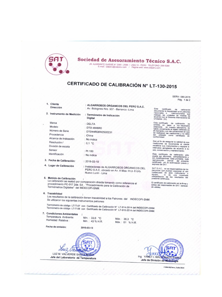 CERTIFICADO DE CALIBRACION - Termometro | PDF