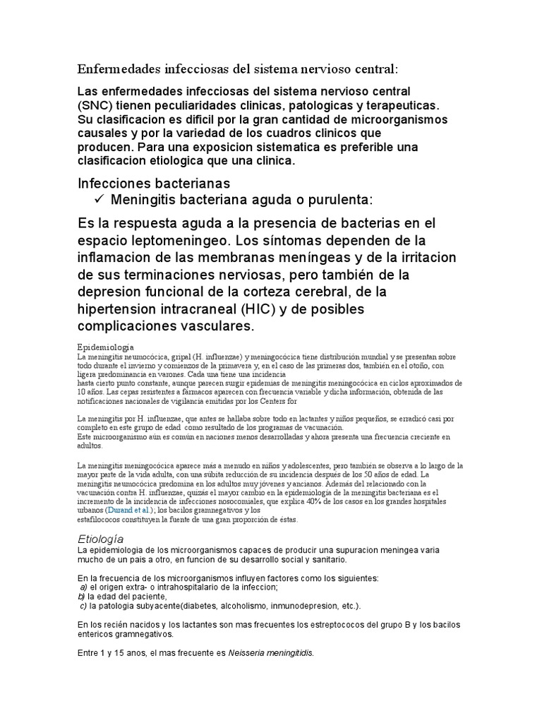 Enfermedades Infecciosas Del Sistema Nervioso Central | PDF | Meningitis | Fluido cerebroespinal